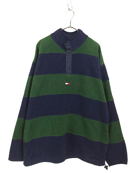古着 90s   紺×緑 ボーダー ハーフ スナップ フリース ジャケット XXL 古着