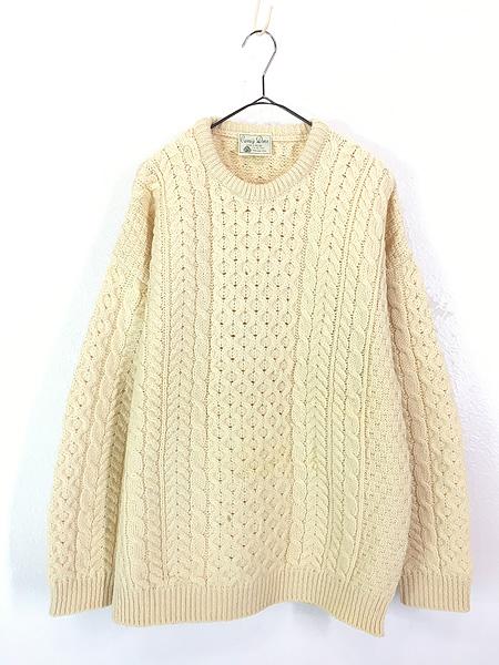 古着 80s Ireland製 Carraig Donn アラン フィッシャーマン ウール ニット セーター アイボリー XL