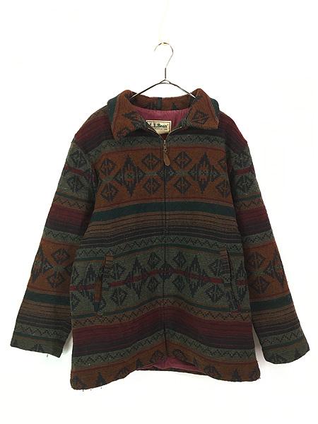 古着 80s USA製 LL Bean ネイティヴ チマヨ 総柄 フルジップ ウール ブランケット ジャケット XL位
