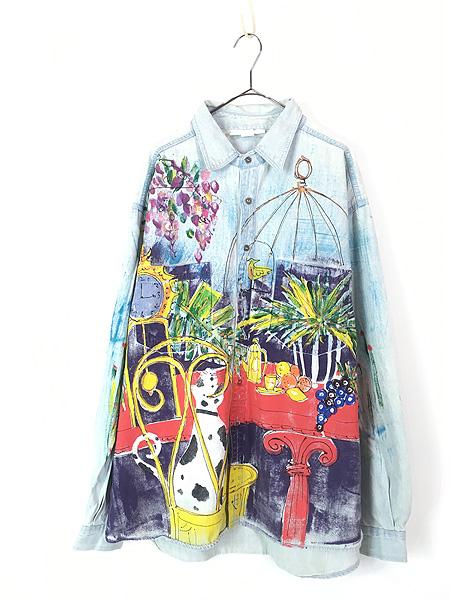 古着 90s USA製 MARGUERITA BUCKLEY ティータイム ハンドペイント ビッグシルエット デニム シャツ XL 古着
