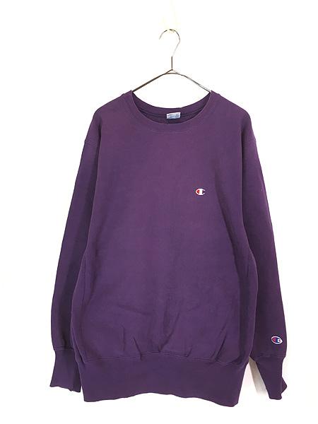 古着 90s USA製 Champion Reverse Weave ワンポイント リバース スウェット 紫 L 古着