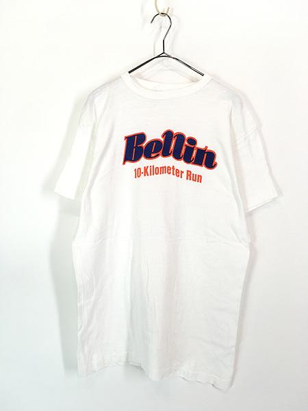 古着 80s USA製 Champion 「Bellin 10?q run」 100% コットン 染込み プリント Tシャツ L 古着