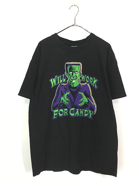 古着 00s USA製 「Will Work For Candy」 フランケン シュタイン ホラー アート Tシャツ L