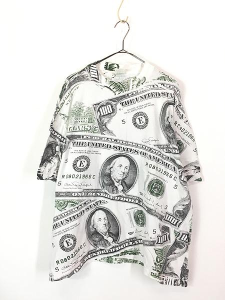 古着 90s 「100 Dollar Bill」 100ドル札 Benjamin Franklin 偉人 総柄 オールオーバー Tシャツ XL位