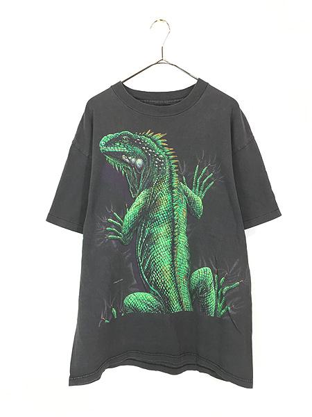 古着 90s USA製 HABITAT 特大 イグアナ 両面 プリント Tシャツ L 古着