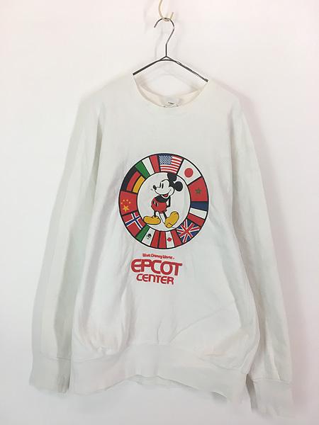 古着 90s USA製 Disney パーク 「EPCOT CENTER」 フロッキー プリント リバース タイプ スウェット トレーナー XL 古着
