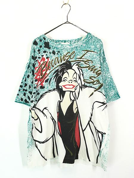 古着 90s USA製 Disney 101匹わんちゃん ヴィランズ クルエラ オールオーバー Tシャツ XL位 古着