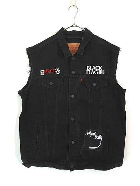 古着 00s Levi's 豪華 バンド パッチ ブラック デニム カットオフ ベスト ノースリーブ ジャケット XL