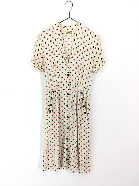 レディース 古着 60s a Century Frock 赤×紺 ドット ショールカラー 半袖 レーヨン ワンピース ミディアム丈 S位 古着