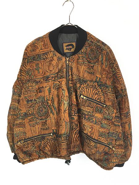 レディース 古着 90s FOXRUN 壁画 ネイティブ 総柄 3ポケット パデッド ベロア ワイド ジャケット ブルゾン M 古着