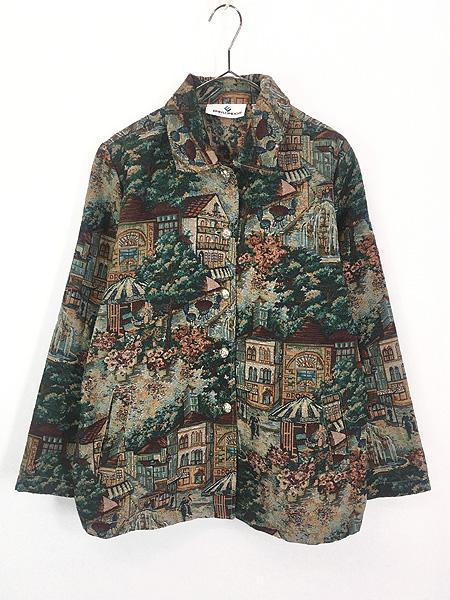 レディース 古着 90s ERINLONDON 街並み 風景 総柄 デザイン ゴブラン ジャケット M 古着