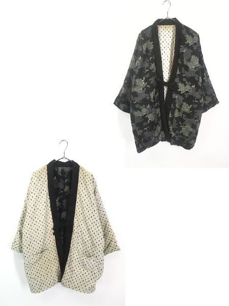 レディース 古着 70s- 獅子柄×蚊絣柄 リバーシブル 中綿 パデッド はんてん 半纏 ガウン 羽織 M位 古着