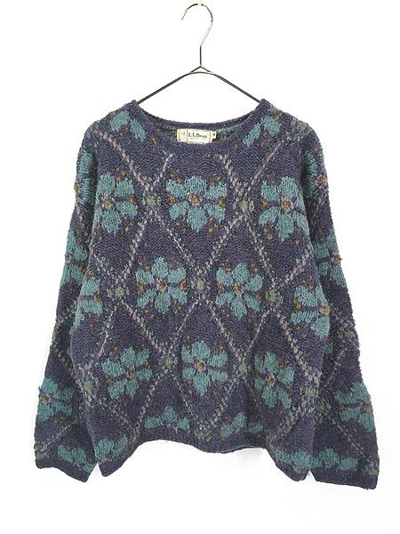 レディース 古着 80s LL Bean 花 フラワー ダイヤ チェック ウール ニット セーター M 古着