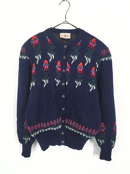レディース 古着 80s BEBHINN MARTEN 花 フラワー 3D ウール ニット カーディガン ジャケット L位 古着