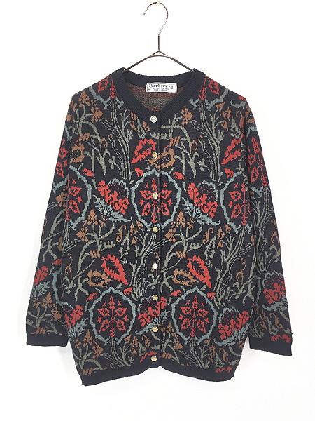 レディース 古着 80s England製 Burberry オリエンタル ボタニカル 総柄 デザイン ウール ニット カーディガン M 古着