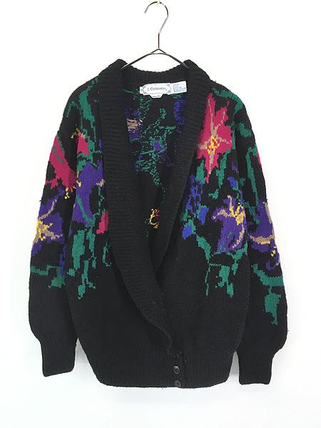 レディース 古着 90s J.Christopher ユリ 花 フラワー ショールカラー ウール ハンド ニット カーディガン M 古着