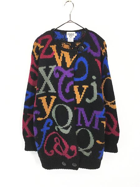 レディース 古着 90s CERVELLE カラフル アルファベット 総柄 ウール ニット カーディガン S 古着