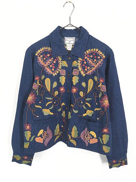 レディース 古着 90s April Cornell 花 ボタニカル チェーンステッチ 刺しゅう ダンガリー デニム ジャケット XS 古着