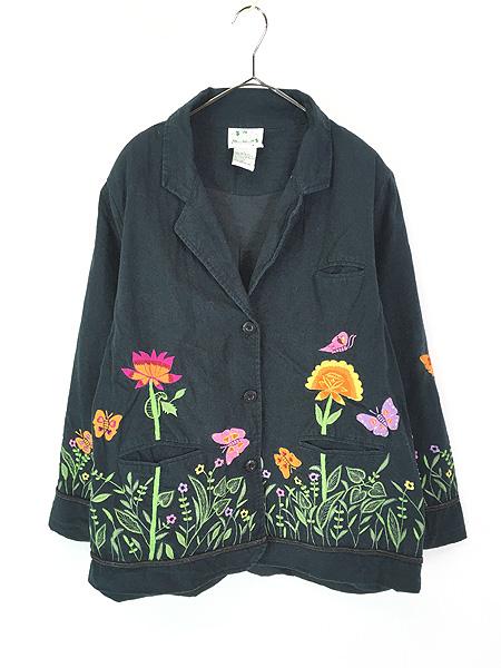レディース 古着 the Quacker Factory カラフル 蝶々 花 野花 刺しゅう コットン テーラード ジャケット L 古着