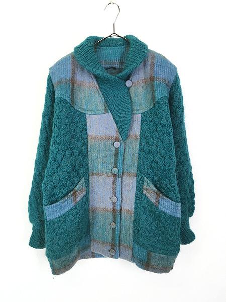 レディース 古着 80s Ireland製 Donegal Design チェック 異素材 切替 モヘア ウール ニット ロング ジャケット L位 古着