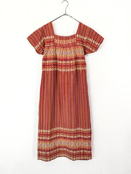 レディース 古着 70s マルチ ストライプ 花 ひし形 刺しゅう グアテマラ ワンピース ロング丈 M位 古着