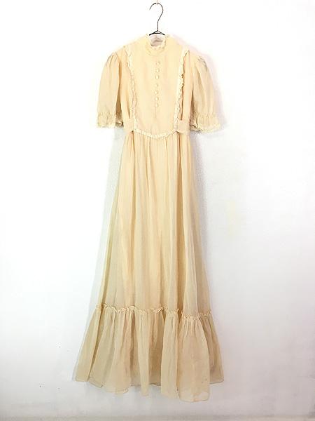 レディース 古着 70s Candi Jones レース フリル スタンドカラー ガーリー シフォン ワンピース ドレス マキシ丈 XL位 古着