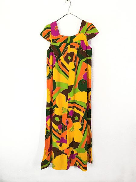 レディース 古着 60s LIBERTY HOUSE カラフル モダン エスニック 花 りんご ハワイアン ワンピース マキシ丈 M位 古着