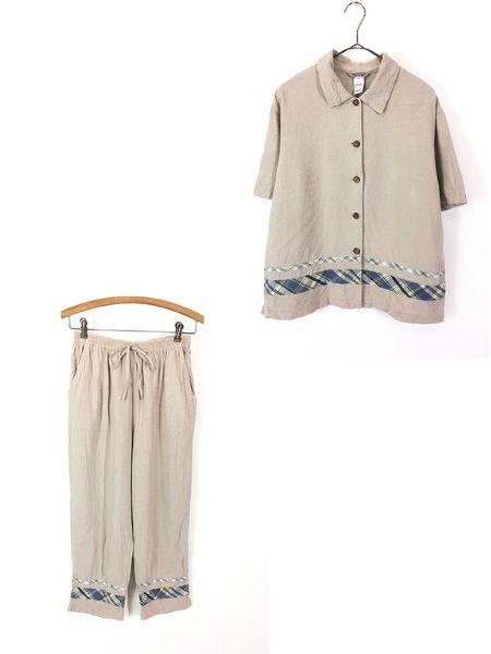 レディース 古着 Stonebridge リネン レーヨン チェック ライン 半袖 シャツ × パンツ セットアップ L/M 古着