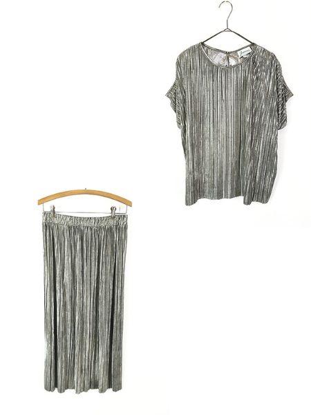 レディース 古着 80s USA製 goanna シルバー メタリック プリーツ 半袖 トップス×スカート ミモレ丈 L着