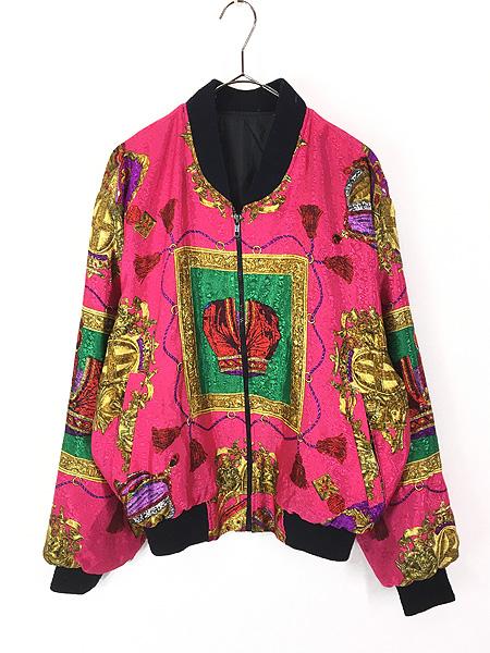 レディース 古着 90s RAINBOW COLLECTION 光沢 王冠 タッセル 総柄 サテン ジャケット ブルゾン L位 古着