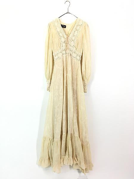 レディース 古着 60s GUNNE SAX ペイズリー 総柄 コットン レース シフォン ワンピース マキシ丈 L位 古着
