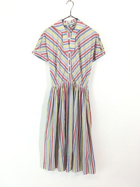 レディース 古着 50s McKettricD カラフル ストライプ 変形カラー 半袖 ワンピース ロング丈 M位 古着