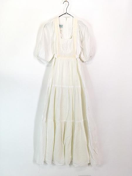 レディース 古着 70s 製 NANCY G レース スクエアネック パフスリーブ コットン ワンピース ドレス マキシ丈 M位 古着