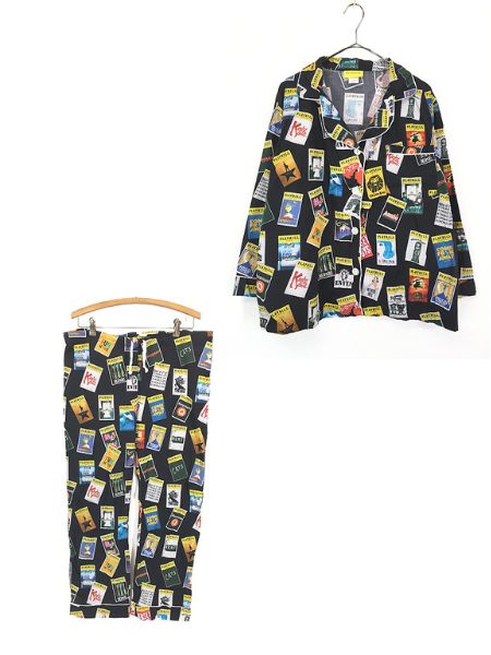 レディース 古着 90s PLAYBILL ミュージカル 雑誌 表紙 デザイン 総柄 パジャマ シャツ×パンツ セットアップ M 古着