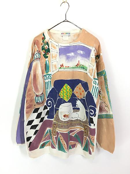 レディース 古着 90s USA製 KOLORWAY 「Room」 猫ちゃん オールオーバー ハンド ペイント コットン ニット セーター XL位 古着