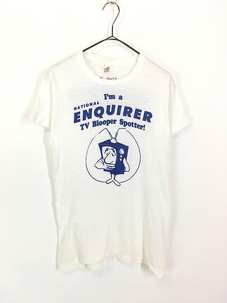 レディース 古着 70s USA製 Hanes 「National Enquirer TV Blooper Spotter!」 メッセージ 染み込み Tシャツ S 古着