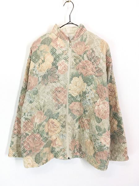 レディース 古着 90s KAY'S KREATION 花 フラワー 総柄 クロス ワッフル ゴブラン ジャケット L 古着