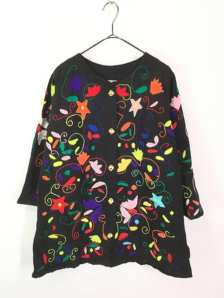 レディース 古着 70s Mexico製 El Jacalito ネイティブ 花 フラワー 総刺しゅう ノーカラー リネン ジャケット S位 古着