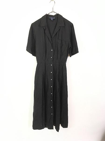 レディース 古着 90s Ralph Lauren 無地 ソリッド 開襟 半袖 ブラック リネン ワンピース ロング丈 M位 古着