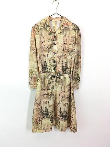 レディース 古着 70s 西洋 街並み 総柄 開襟 ハーフボタン シャツ ワンピース ミモレ丈 M位 古着