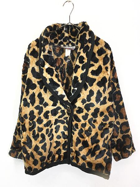 レディース 古着 90s USA製 Unge-Potch-Ket ヒョウ柄 レオパード 総柄 フェイク ファー ショールカラー ジャケット S 古着