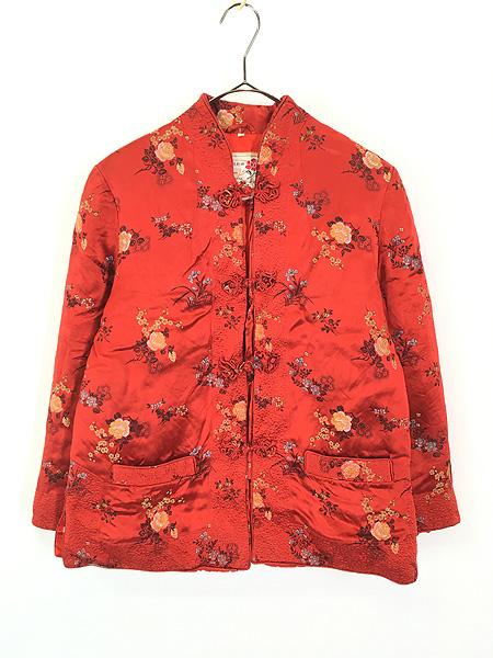 レディース 古着 70s 牡丹牌 花 刺しゅう パデッド 光沢 サテン レーヨン チャイナ ジャケット M 古着