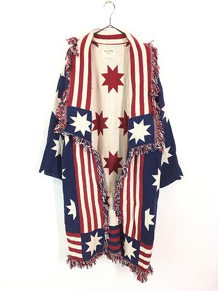レディース 古着 90s USA製 星条旗 総柄 フリンジ ショールカラー ゴブラン ジャケット コート L位 古着