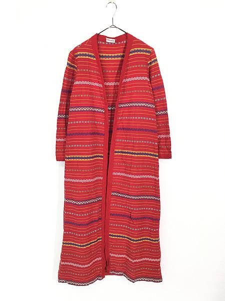 レディース 古着 70-80s ガテマラ製 MAYAN MODERN ネイティブ ボーダー コットン ガウン コート M位 古着