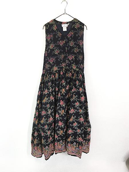 レディース 古着 90s L.G.S. 「Juile Dress」 花 フラワー ループ 刺しゅう ノースリーブ ワンピース ロング丈 L 古着