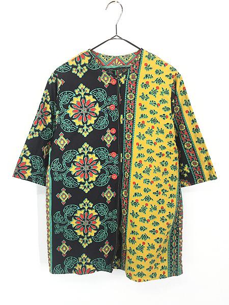 レディース 古着 70s オリエンタル ストライプ 総柄 ハンドメイド 8分袖 ノーカラー シャツ M位 古着