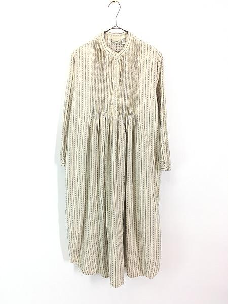 レディース 古着 LL Bean チロリアン柄 ピンタック フランネル ワンピース ドレス ロング丈 白×青 S 古着