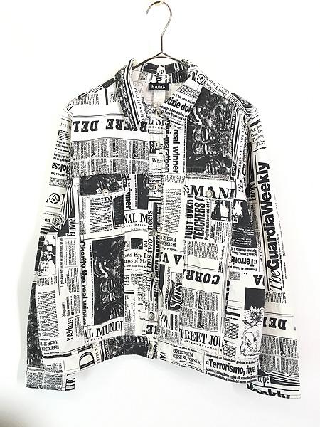レディース 古着 90s USA製 NADIA 英字 新聞 ニュースペーパー 総柄 コットン ジャケット L 古着