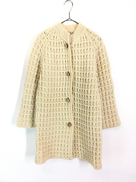 レディース 古着 60s PALLAS 格子 凹凸 デザイン ローゲージ ウール  ロング ニット カーディガン M位 古着