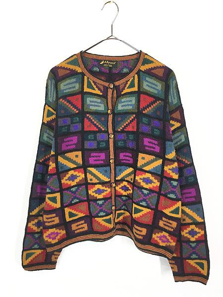レディース 古着 Allpaca カラフル 幾何学 マルチパターン アルパカ ニット カーディガン L位 古着